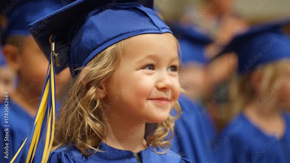 Preschool graduation ceremony with smiling young girl wearing blue ...