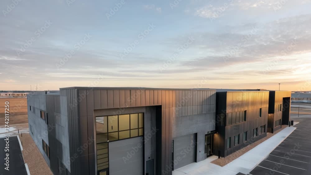 Modern Gray Building Exterior with Flat Roof and Parking Lot Under ...