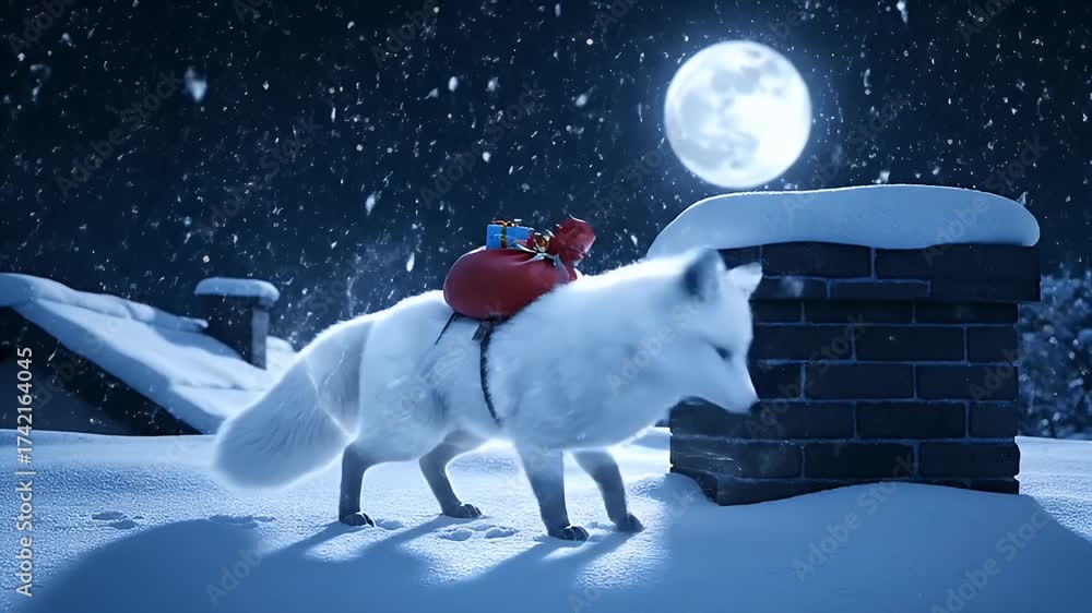 An adorable 3D animated arctic fox with a gift sack walks on a snow ...
