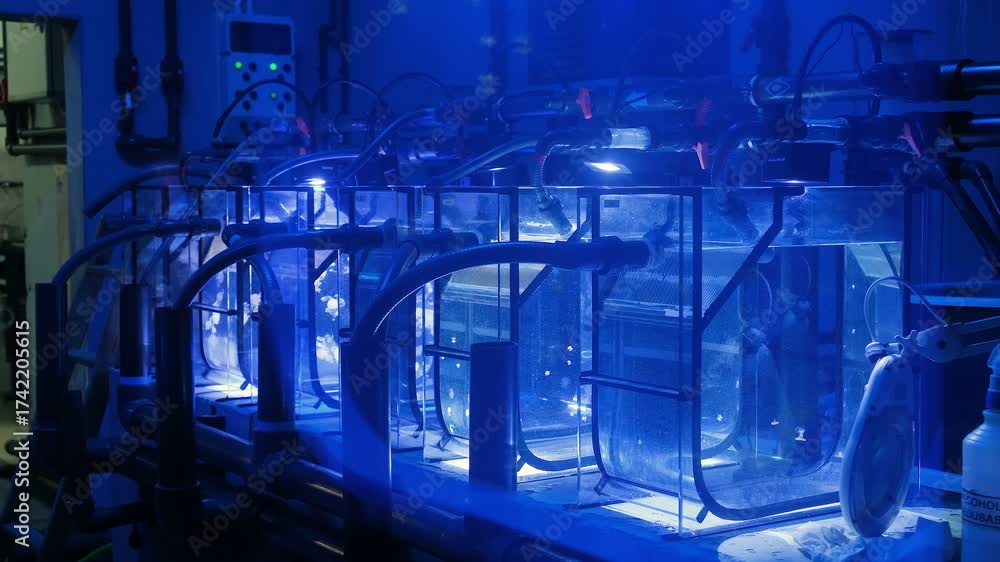 Fish breed incubators on a scientific laboratory to protect species ...