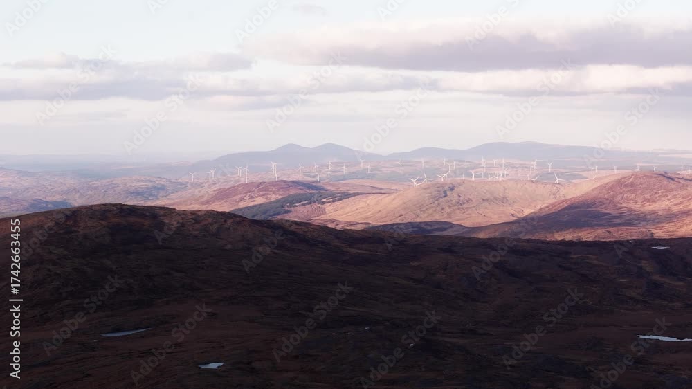 Explore the Highlands, A vast wind farm and rugged terrain meet under a ...