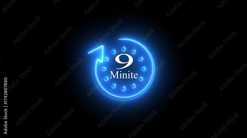 Blue Neon Clock Timer Showing 9 Minutes with Arrow on Black Background ...