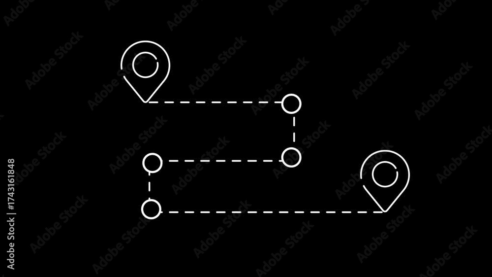 Route Map with Location Pins and Dashed Lines on Black Background ...