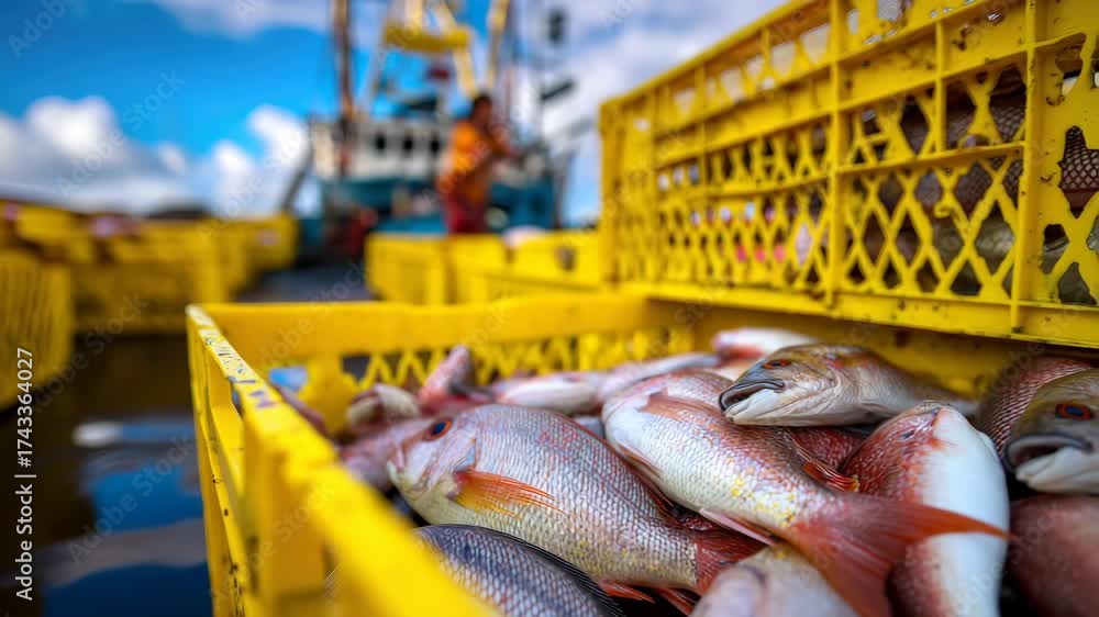 Fresh Red Snapper in Yellow Crates Under Blue Sky Fishing Vessel in ...