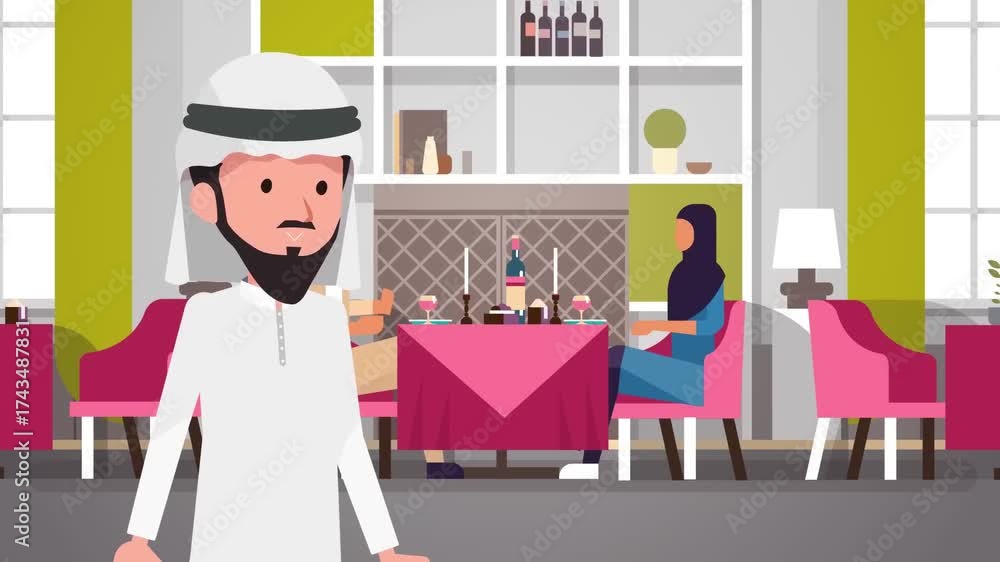 Animated Arab man dining in restaurant with waiter service ...