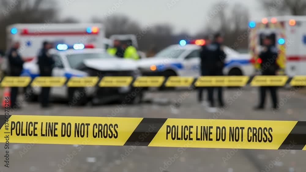 A crime scene from behind a vibrating "POLICE LINE DO NOT CROSS" tape ...