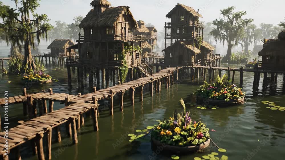 Rustic swamp village on wooden stilts with thatched roofs and wooden ...
