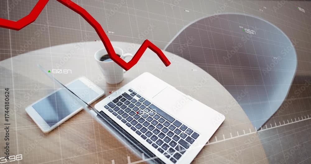 Red line chart entering from left above table with grid swaying ...