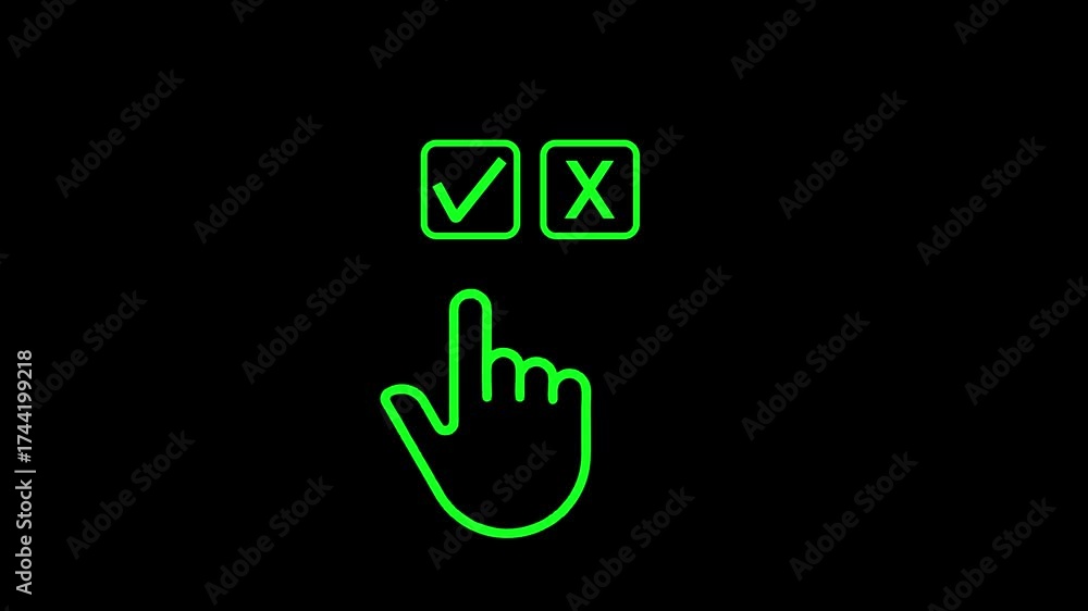Green hand cursor pointing to a checkmark in a square box with a cross in another box pointer ...