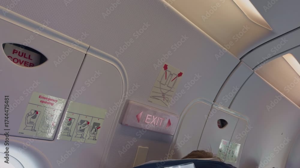 An aircraft cabin view showing essential emergency instructions and ...