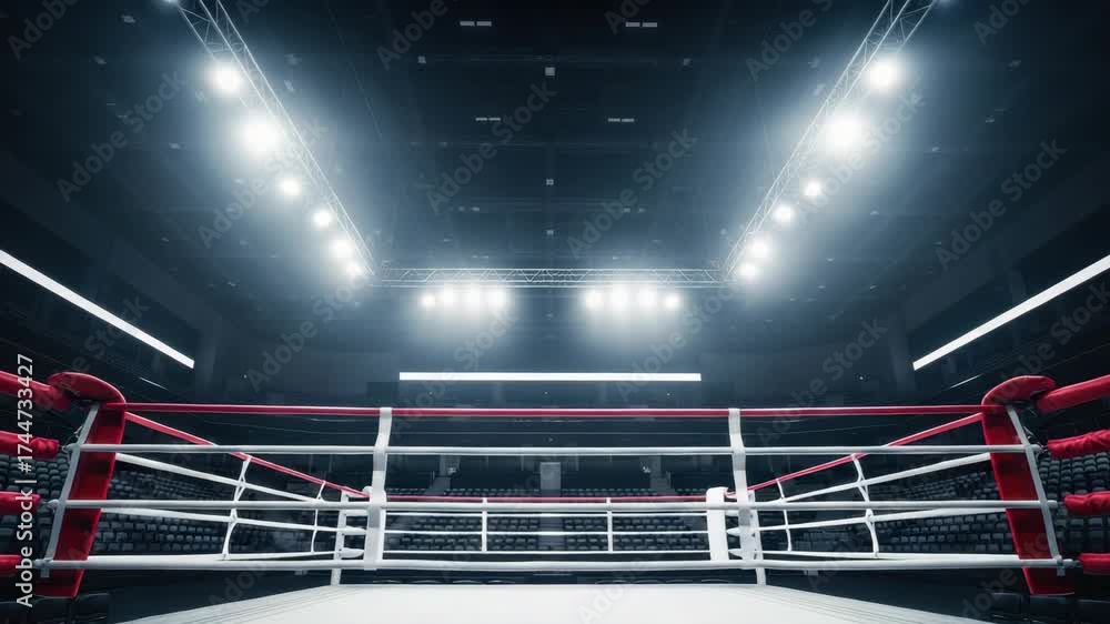 empty brightly lit boxing ring stands central in vast dark arena White ...