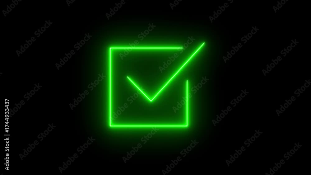Check mark inside a rectangle animated. glowing neon line check mark ...