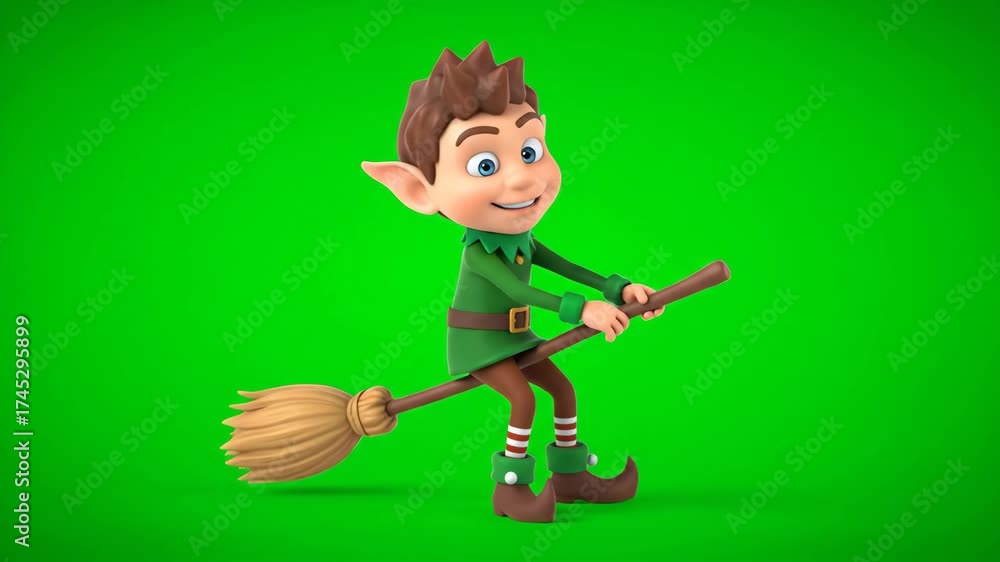 Cartoon Elf Riding a Broomstick on Green Screen - This video shows a 3D ...