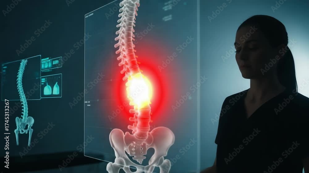 Scoliosis treatment with spine scan and doctor in dark room. Spinal ...