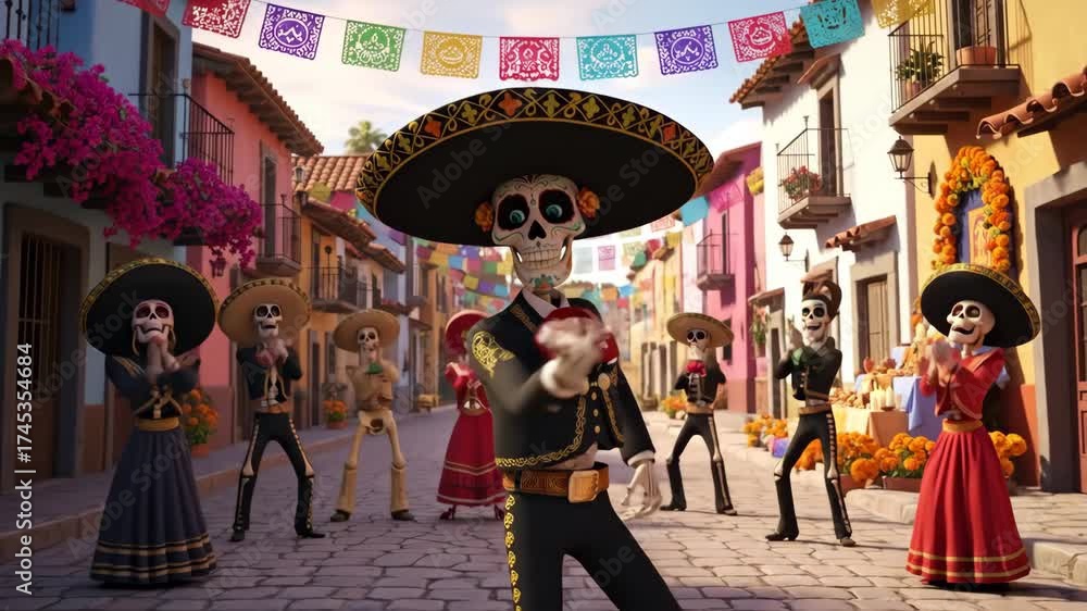 Animated Mariachi Skeleton Dancing in Mexican Village - A vibrant ...