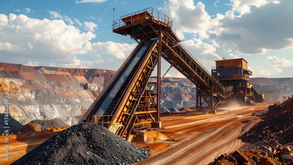 Open Pit Mine with Conveyor Belt System Under Blue Sky and White Clouds ...