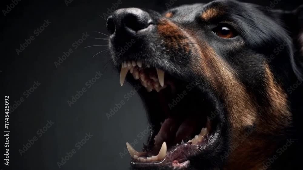 Fierce Rottweiler: A close-up shot captures the intense gaze and open ...