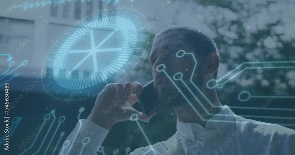 Man making business call outside office, summoning rotating holographic ...
