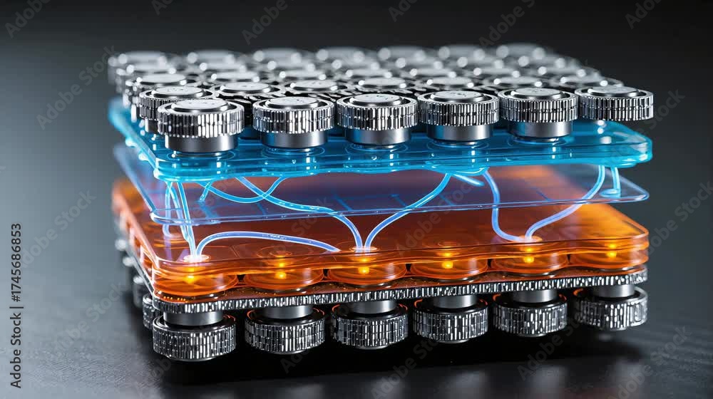 Macro view of a layered solid-state battery cell with illuminated ionic ...