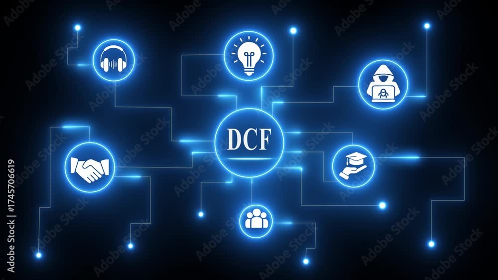 DCF concept diagram with glowing icons and connections on dark ...