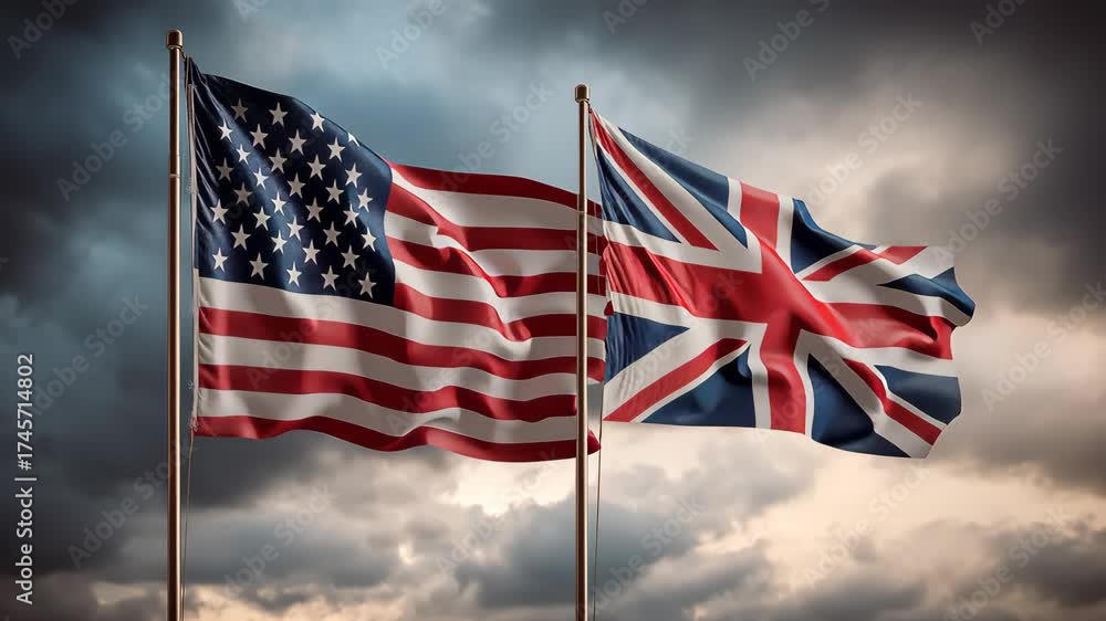 Flags of the usa and uk flapping in the wind outdoor event dramatic sky ...