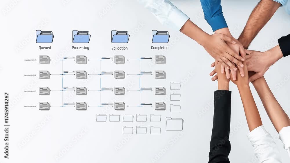 A diverse group of professionals unites their hands above a visual ...