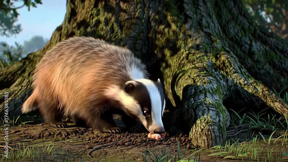 A wild badger with striking black and white markings meticulously ...