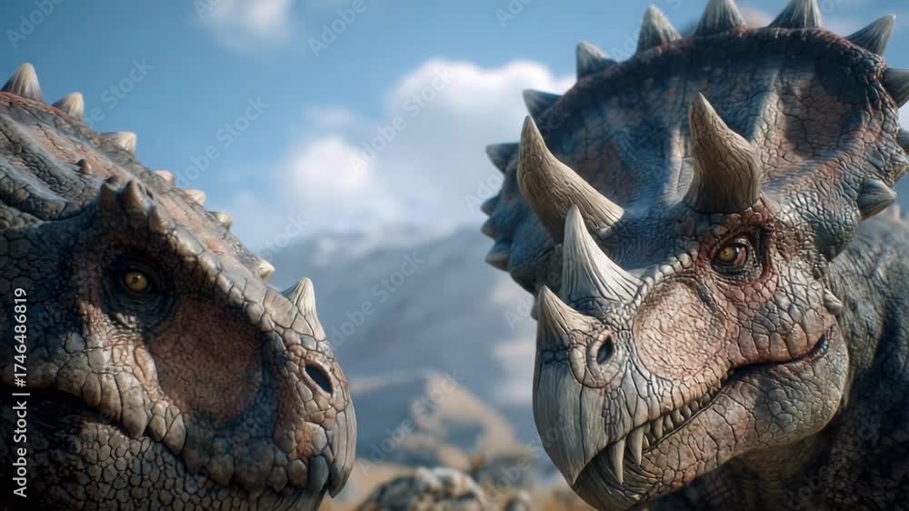 Two life-like dinosaurs face each other up close, showing rough scales ...