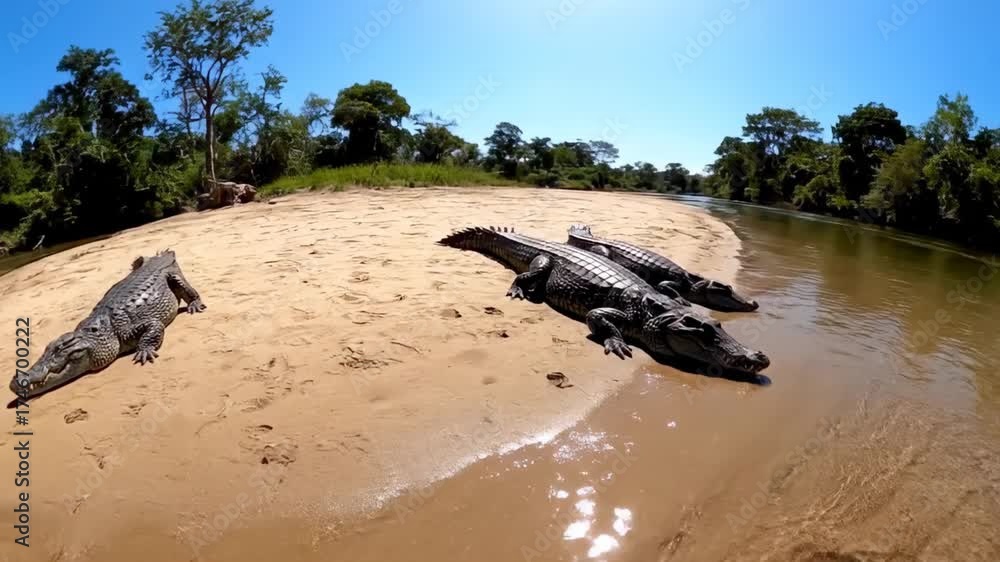 Crocodiles lounging on sandy riverbank under bright sun. Surrounded by ...