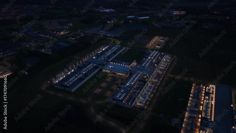 Night aerial of data center with AI and cloud computing servers. Stock ...