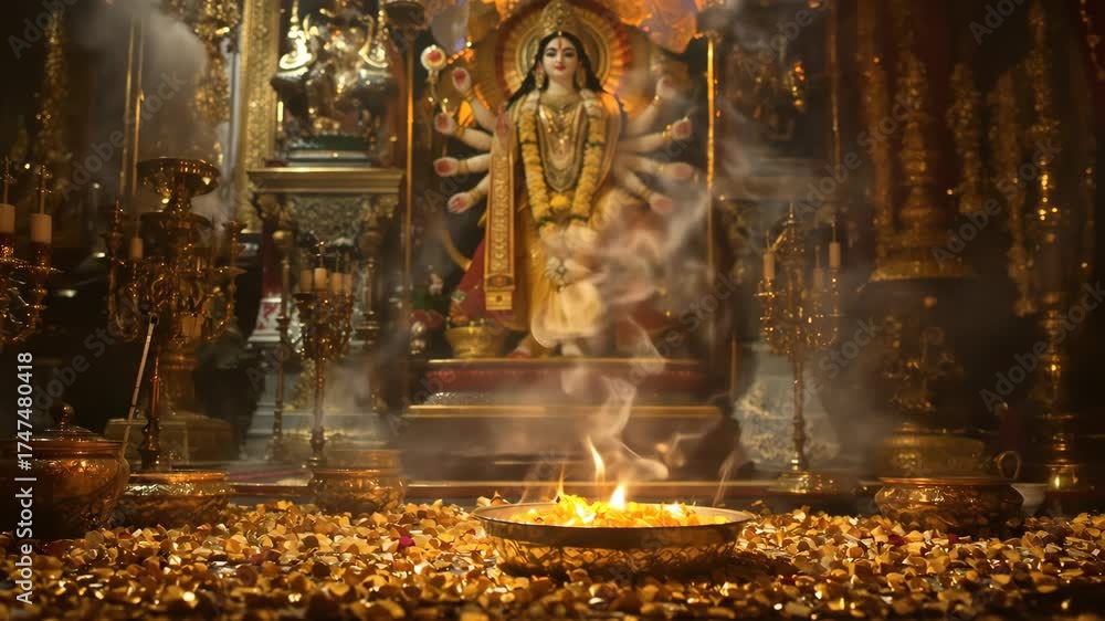 Goddess Durga Idol with Dhunuchi Smoke and Petals in Golden Light for ...