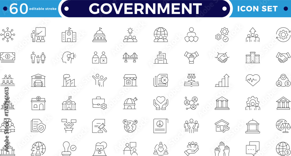 Government outline icon set. Includes governance, charity, justice ...