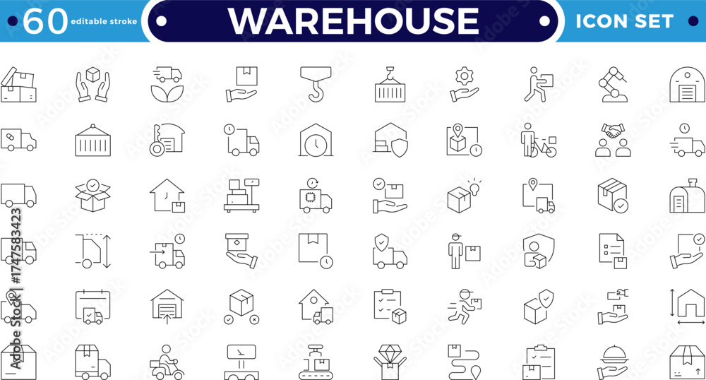 Warehouse Outline icon set featuring factory, conveyor belt, warehouse ...