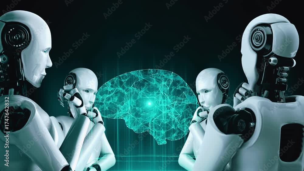 Thinking AI hominoid robot analyzing hologram screen showing concept of ...