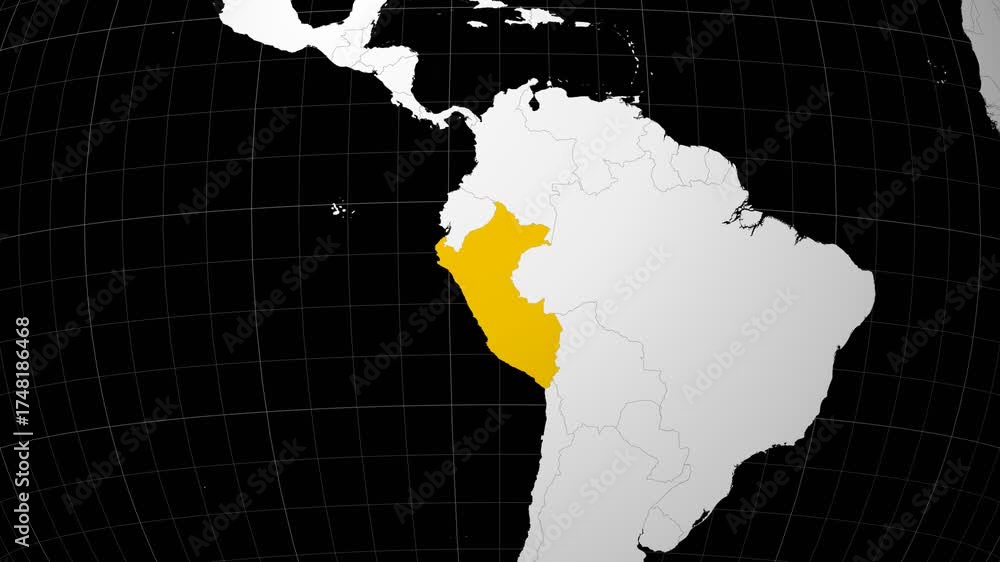 Peru map. Animated zoom into the country on the Globe in Black White ...