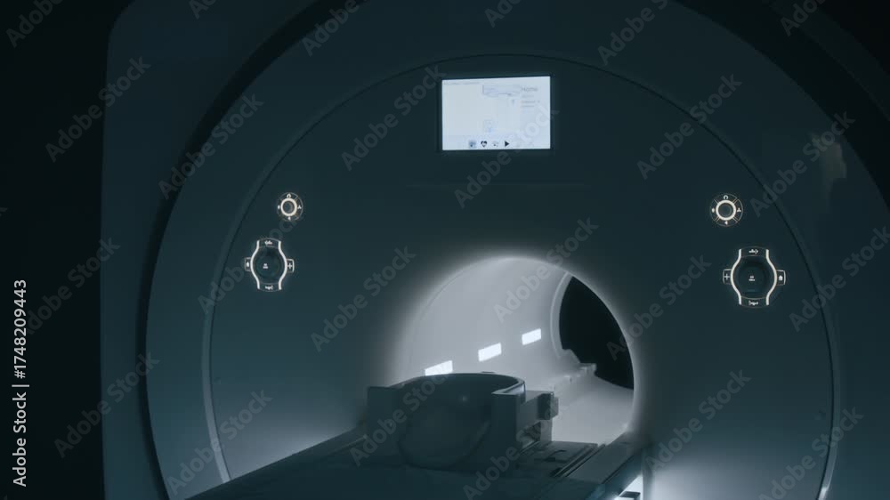 No people view of advanced MRI machine with illuminated control icons ...