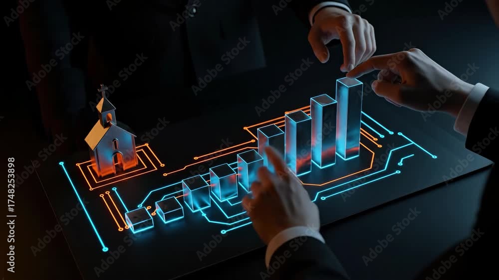 Man building a digital church growth bar graph with a 3D model church ...