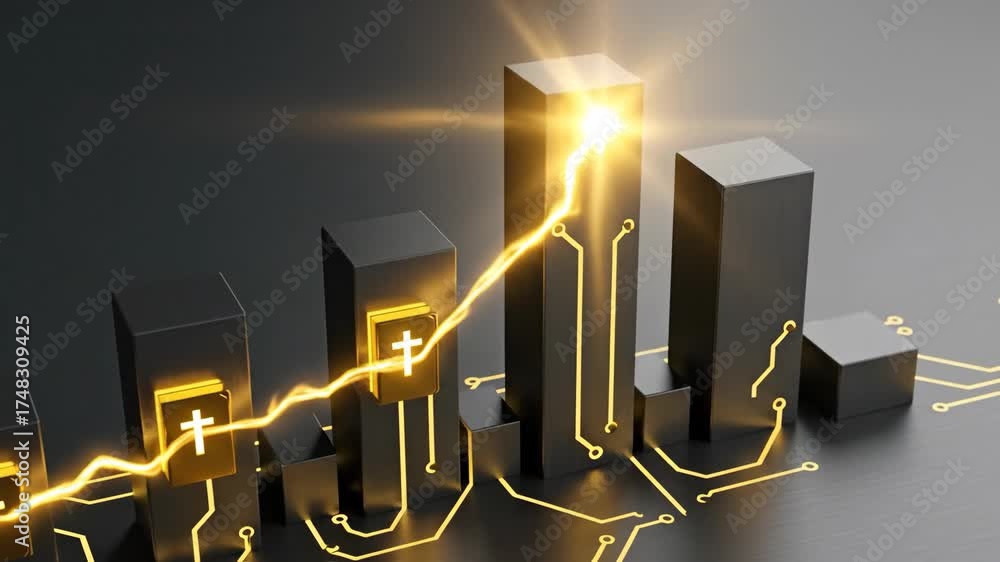 Religious cross symbols glowing on dark bar graph with circuit board ...