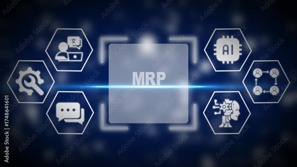 MRP Concept with AI and Business Icons on a Blurred Blue Background ...