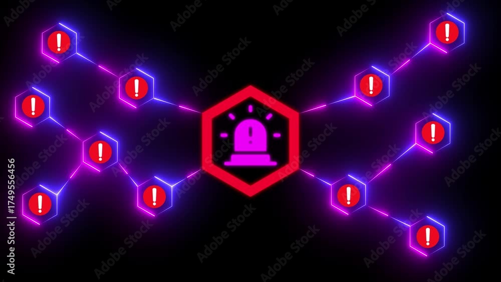 Neon Red Alert Sign Network Diagram with Exclamation Marks. Glowing ...