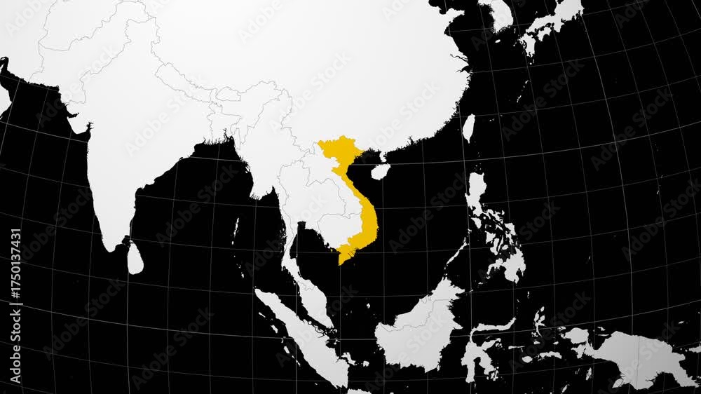 Vietnam map. Animated zoom into the country on the Globe in Black White ...