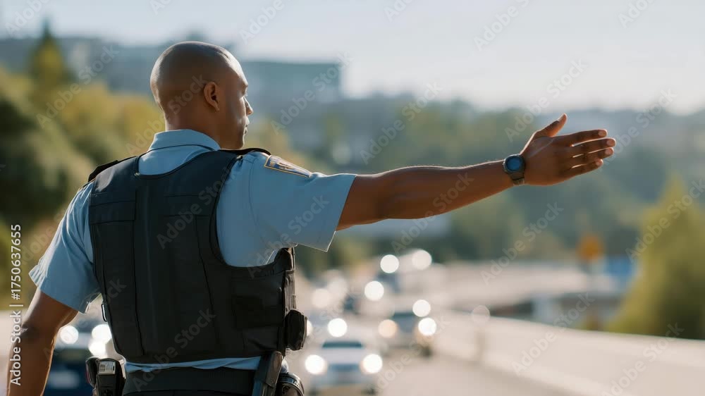 A police officer directing vehicles around an accident site on a major ...