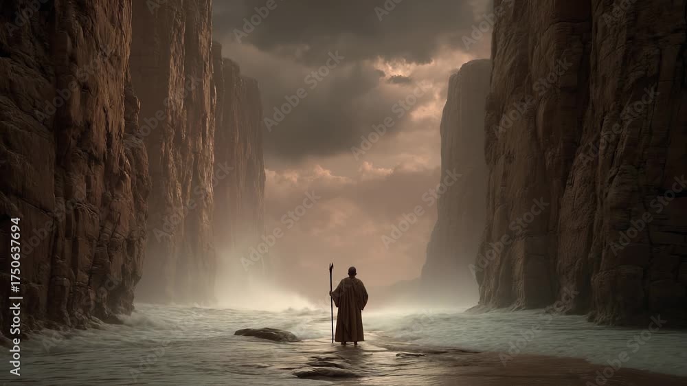 Moses, the prophet, walks through the Red Sea. His staff brings a ...