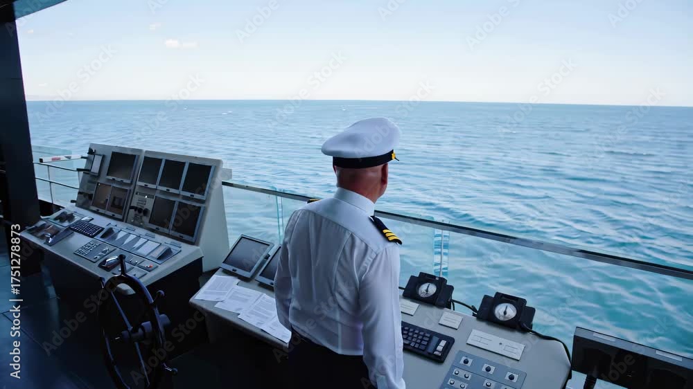 Ship captain standing on bridge overlooking open sea ship control ...