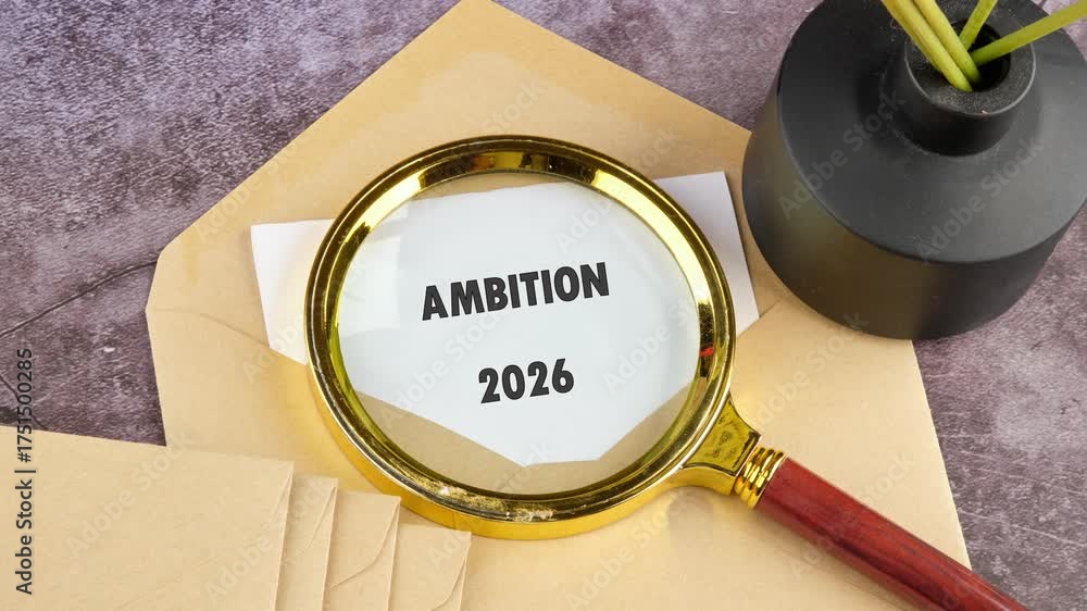 A magnifying glass reveals the word Ambition and the year 2026 written ...