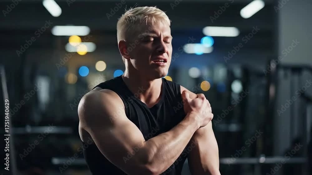 Man grimacing with shoulder pain at gym, muscle strain from exercise or ...