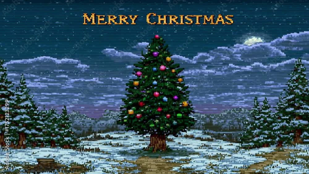Decorated Christmas Tree in Snowy Winter Night Scene, Retro 8-bit Pixel ...