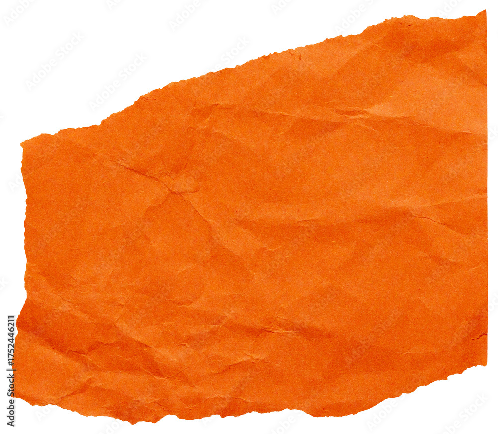 Abstract scrap of bright orange crumpled paper, isolated element to ...