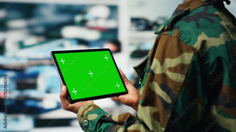 Military operator in war room oversees mission operations using green ...