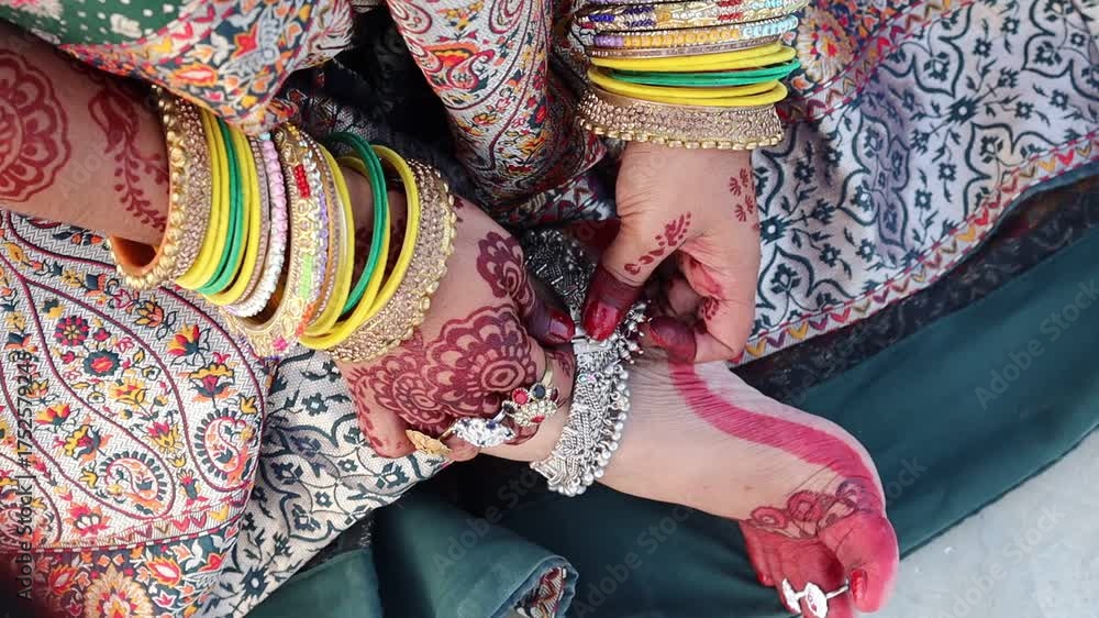 Indian woman wearing colorful bangles and anklets, dressed in ...